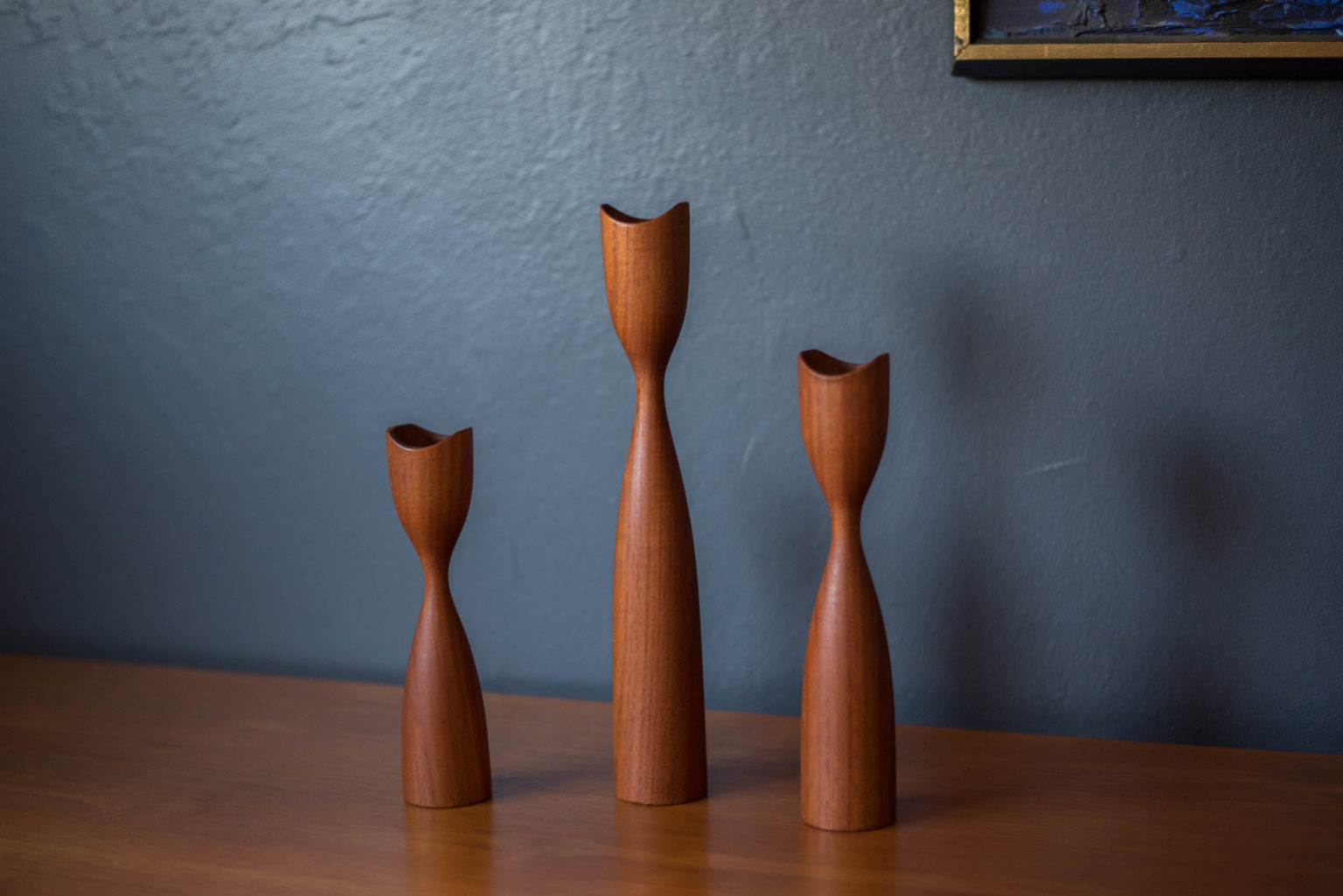 Set of Three Sculptural Teak Mid-Century Modern Candlestick Holders ...