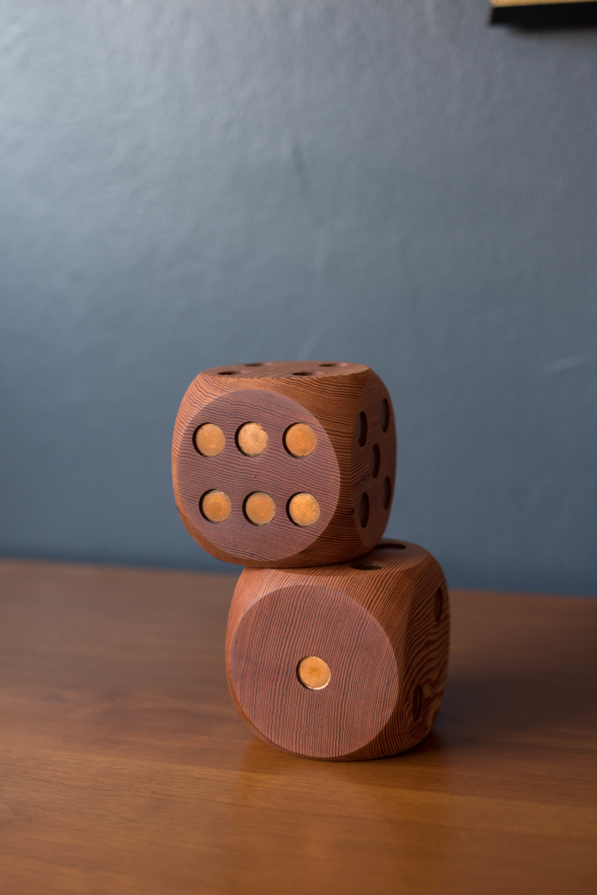 Mid Century Pair of Oversized Copper and Cedar Wood Dice Bookends - Mid ...