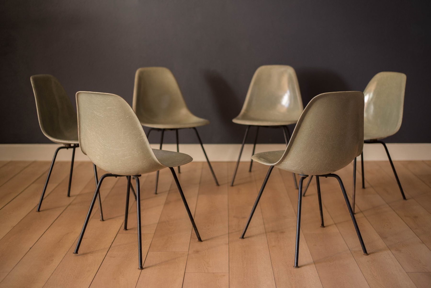 Set of Six Eames First Generation Seafoam Green Fiberglass DSX Dining Chairs - Mid Century Maddist